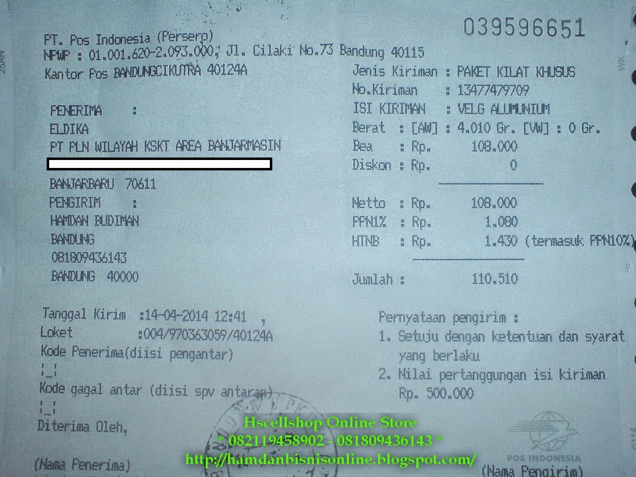 Resi Pengiriman Paket 10 dan 14 April 2014 | hscellshop