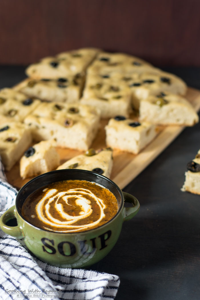 Olives Focaccia with Roasted Tomato Kale Soup - Cooking With Sapana
