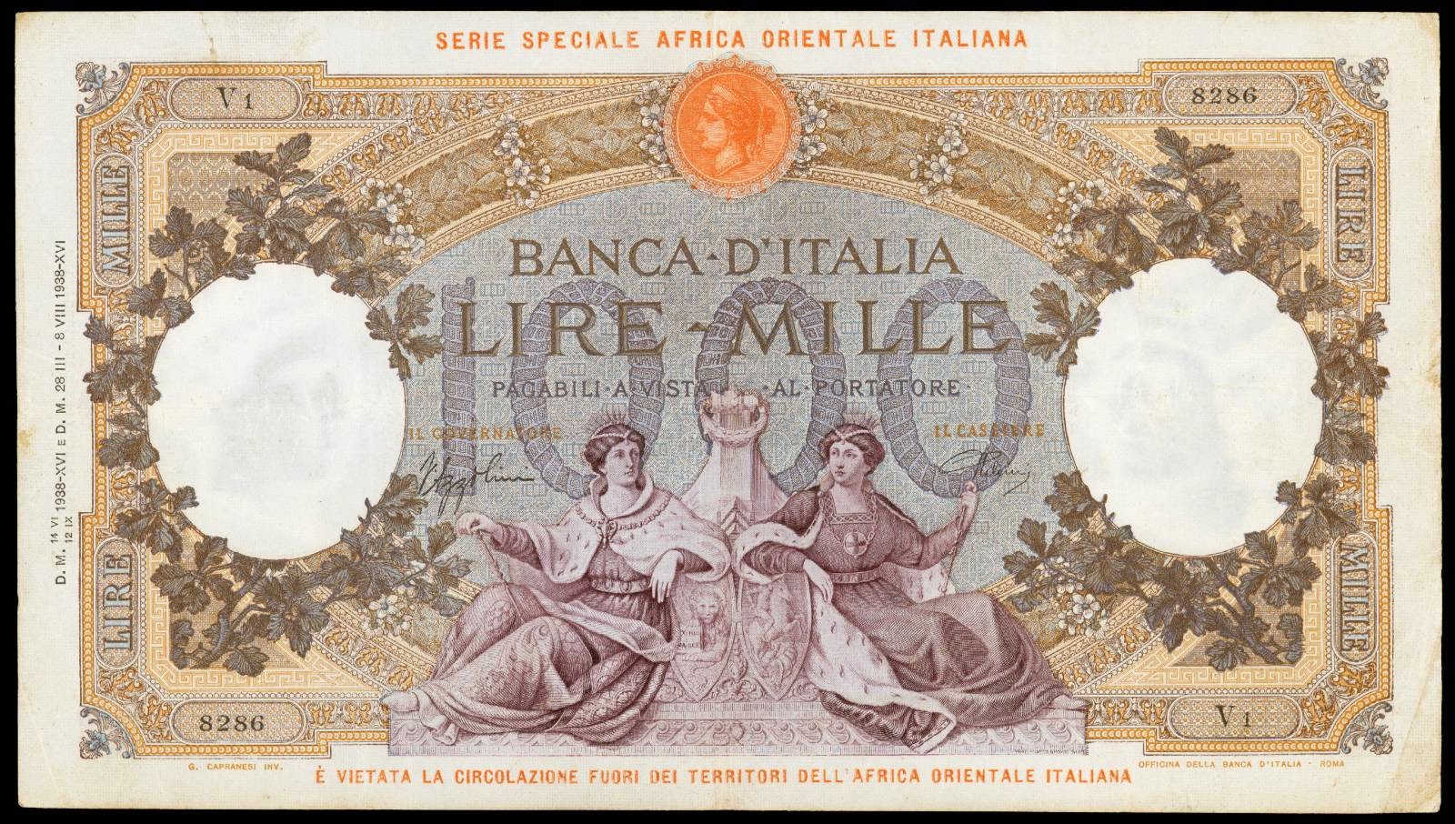 Italian East Africa 1000 Lire Banknote 1938|World Banknotes & Coins ...