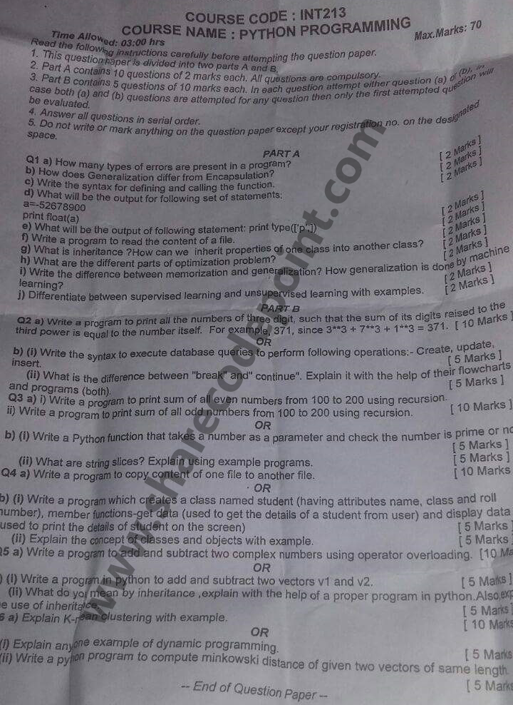 Int213 Python Programming End Term Exam Question Paper Int 213