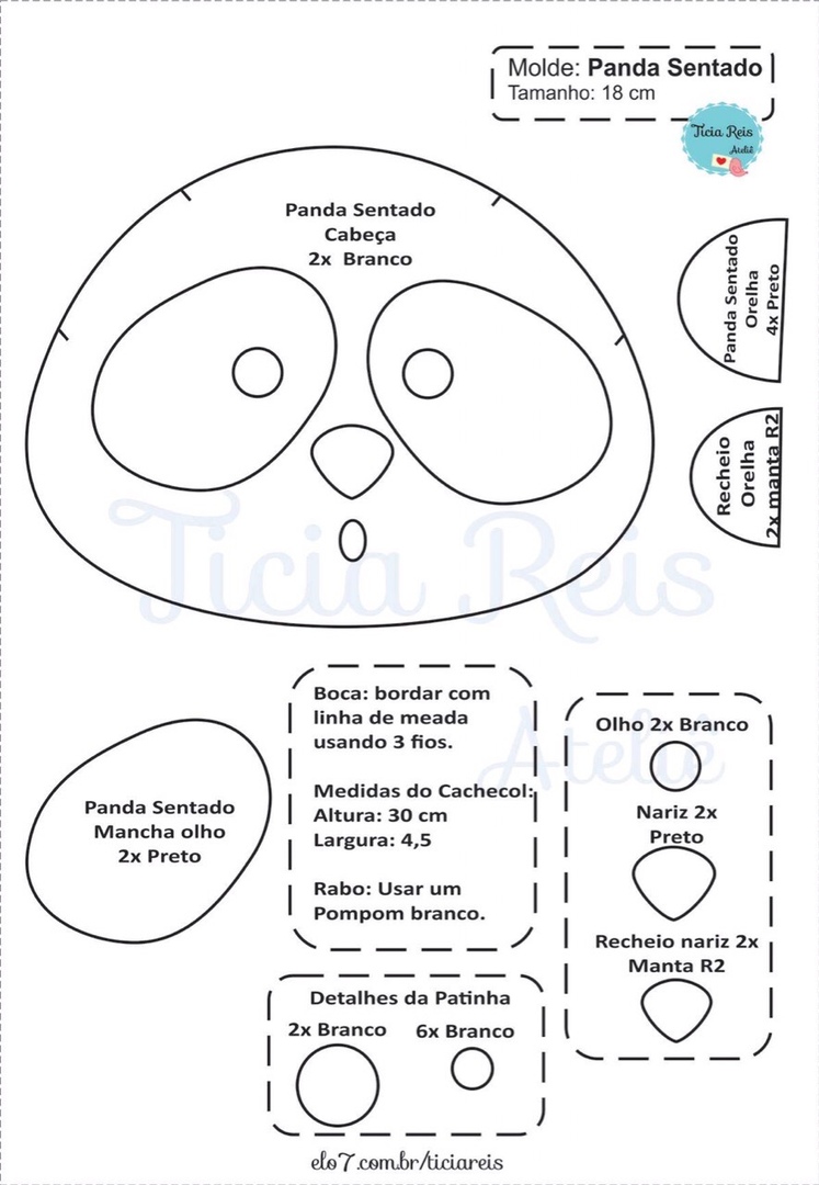 Artesanatos com Moldes: Molde de Panda em Feltro com Molde para Fazer