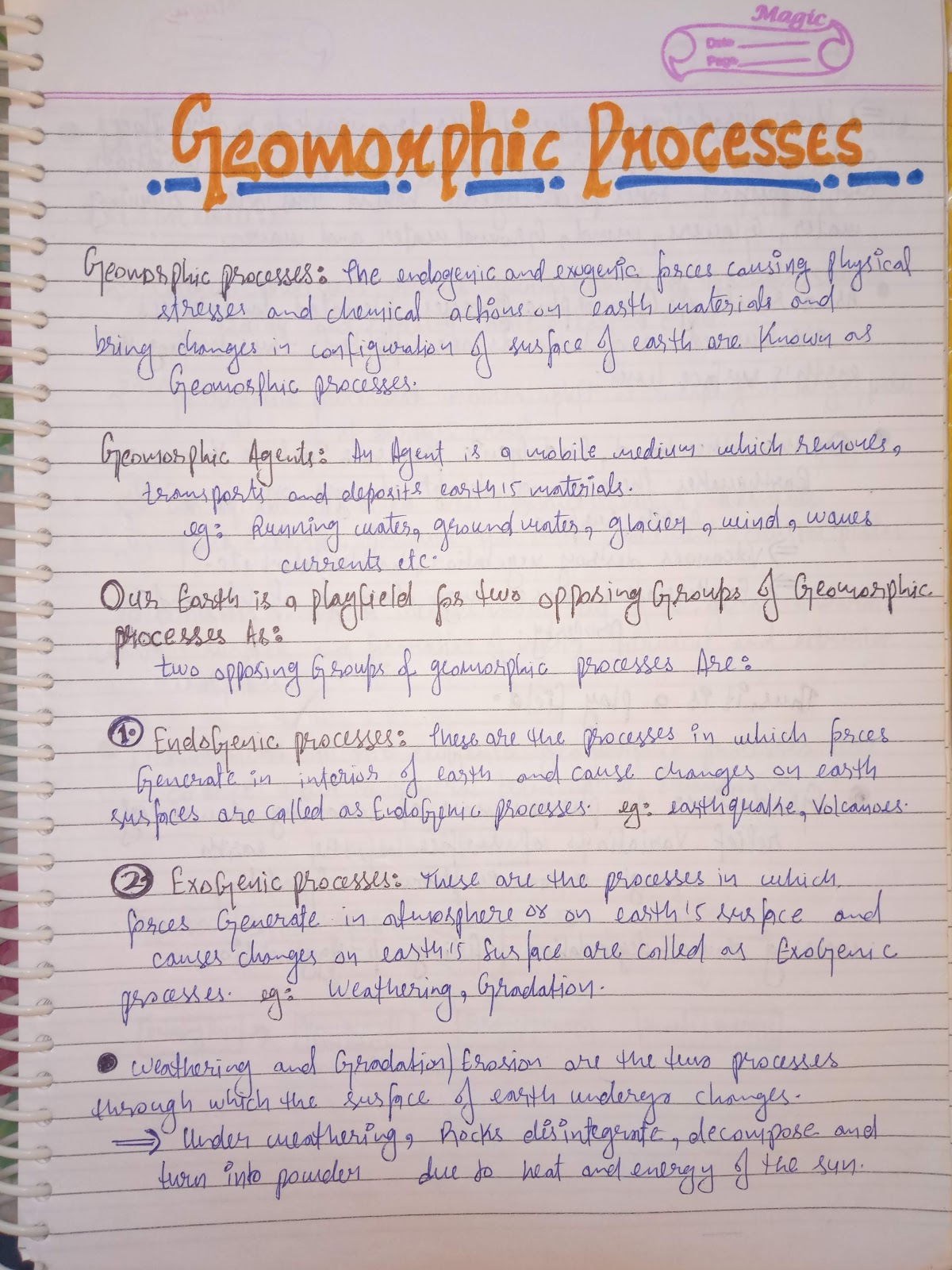 Handwritten Notes of GEOMORPHIC PROCESSES - Geography - Class 11th ...