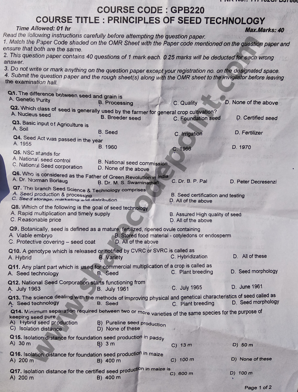 GPB220 : Principle of Seed Technology Mid Term Exam Question Paper ...