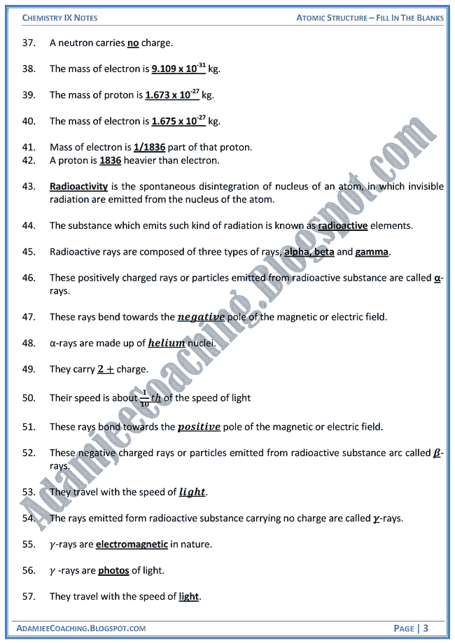 Adamjee Coaching: Atomic Structure - Fill in the Blanks - Chemistry IX