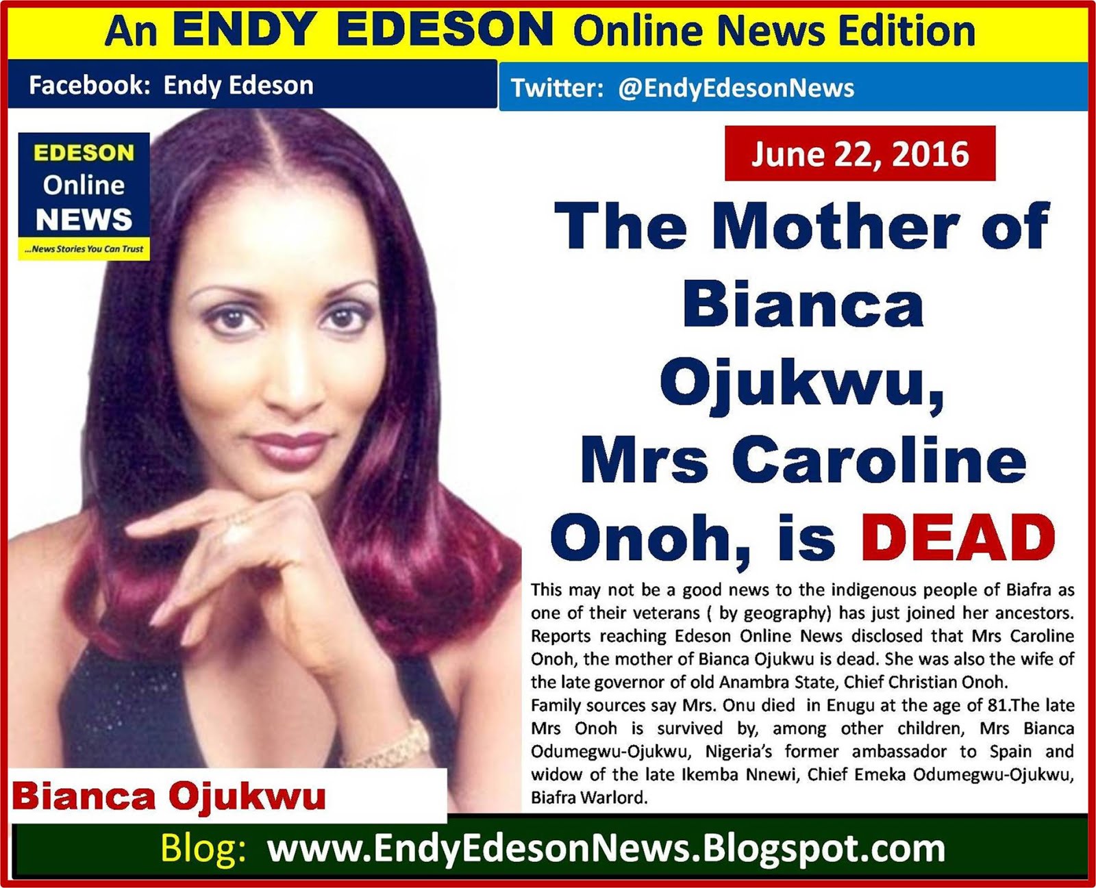 Edeson Online News: SAD NEWS: The Mother of Bianca Ojukwu, Mrs Caroline ...