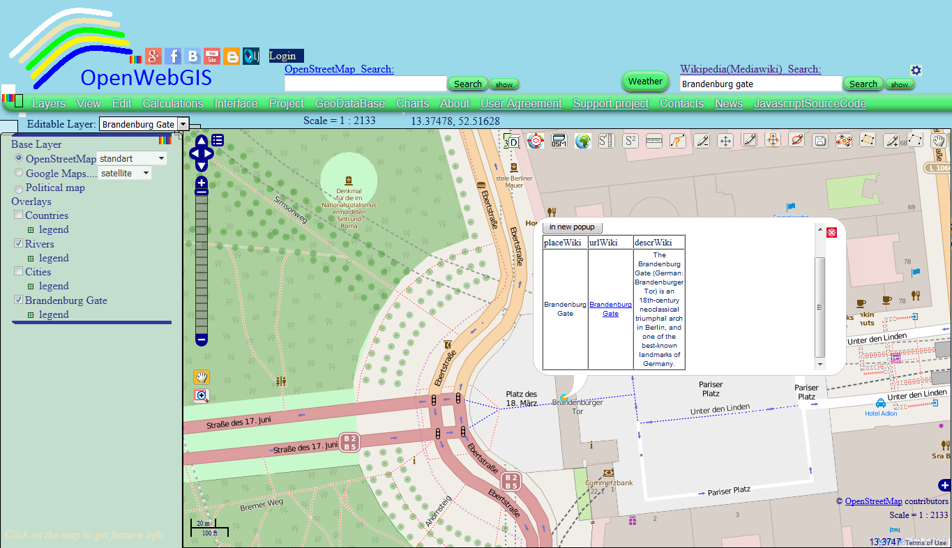 OpenWebGIS is free online GIS: Integrating your map service and Wikipedia using JavaScript and PHP