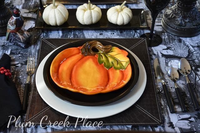 Plum Creek Place: Pumpkins on Black and White Halloween Tablescape