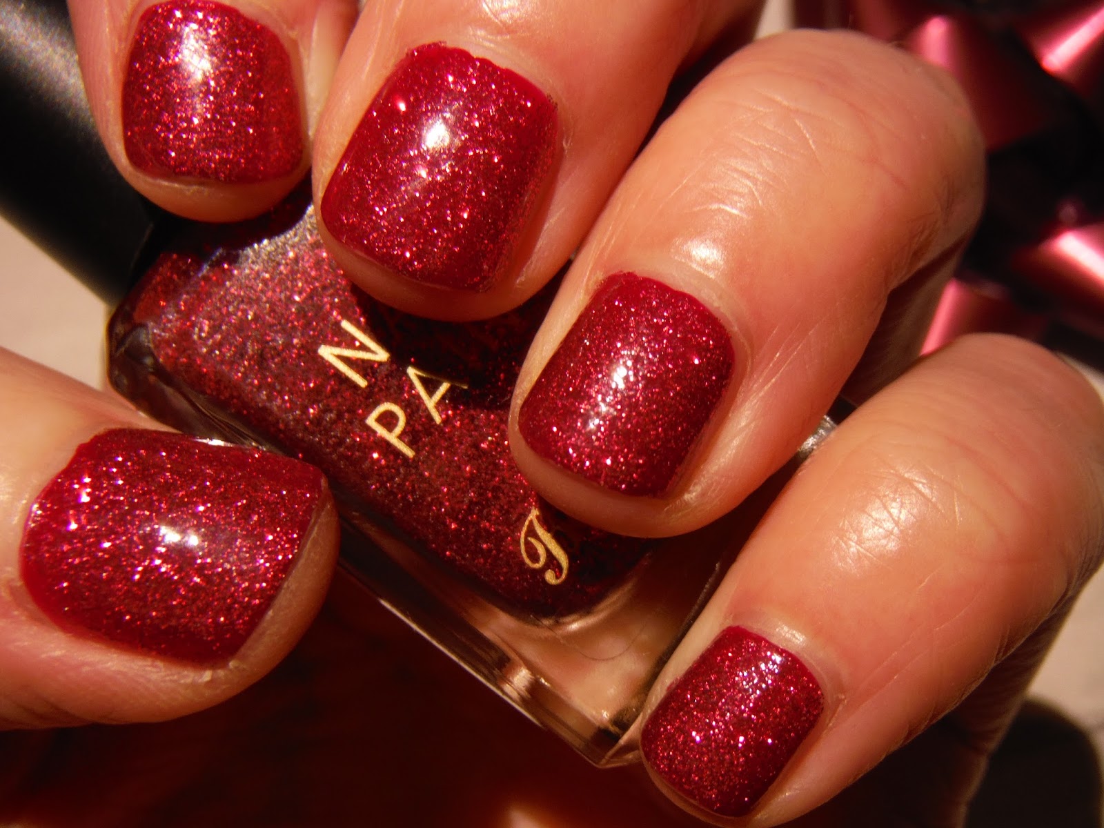 Ruby Red Glitter Nails Swatch.
