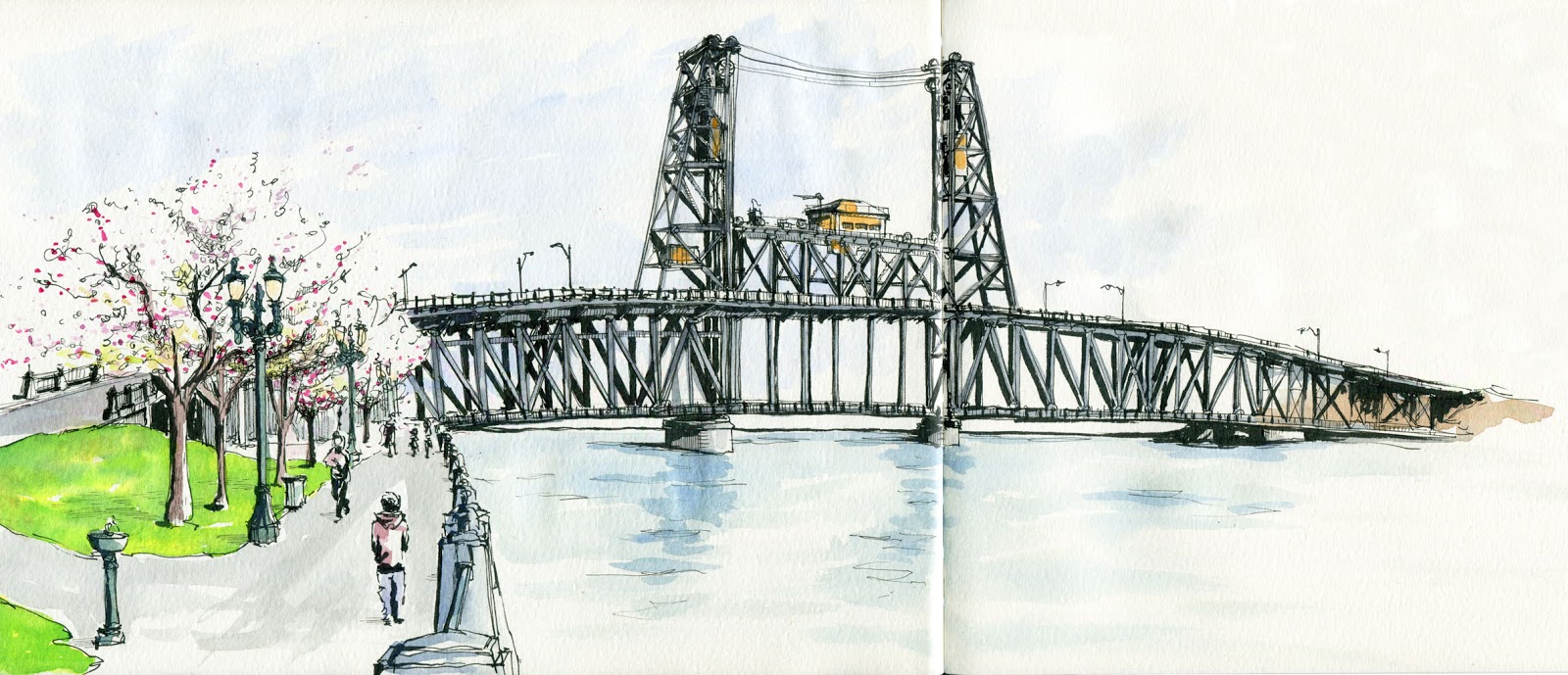 Urban Sketchers Portland: Cherry Blossoms and the Steel Bridge
