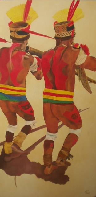 Quadros Indígenas: Tocadores de flauta Kamayurá - OST - 185x95cm - Neli ...