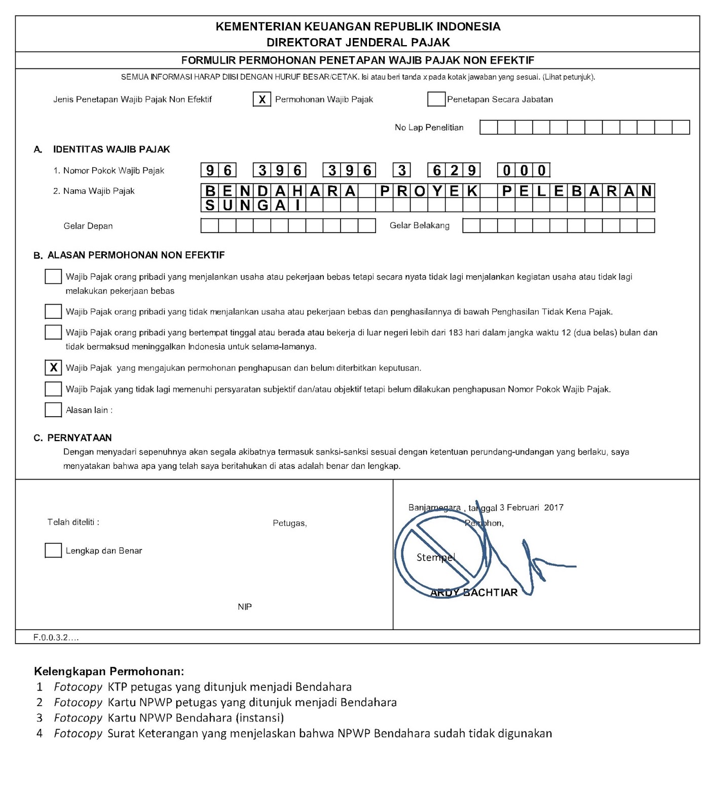 Contoh Pengisian Permohonan Penghapusan NPWP Bendahara Pemerintah