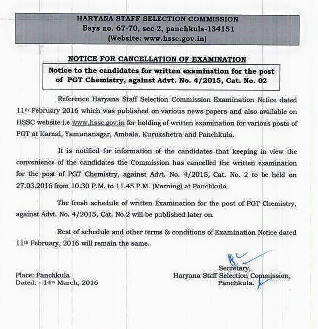 PGT Chemistry exam NOTICE FOR CANCELLATION OF EXAMINATION - Teacher ...