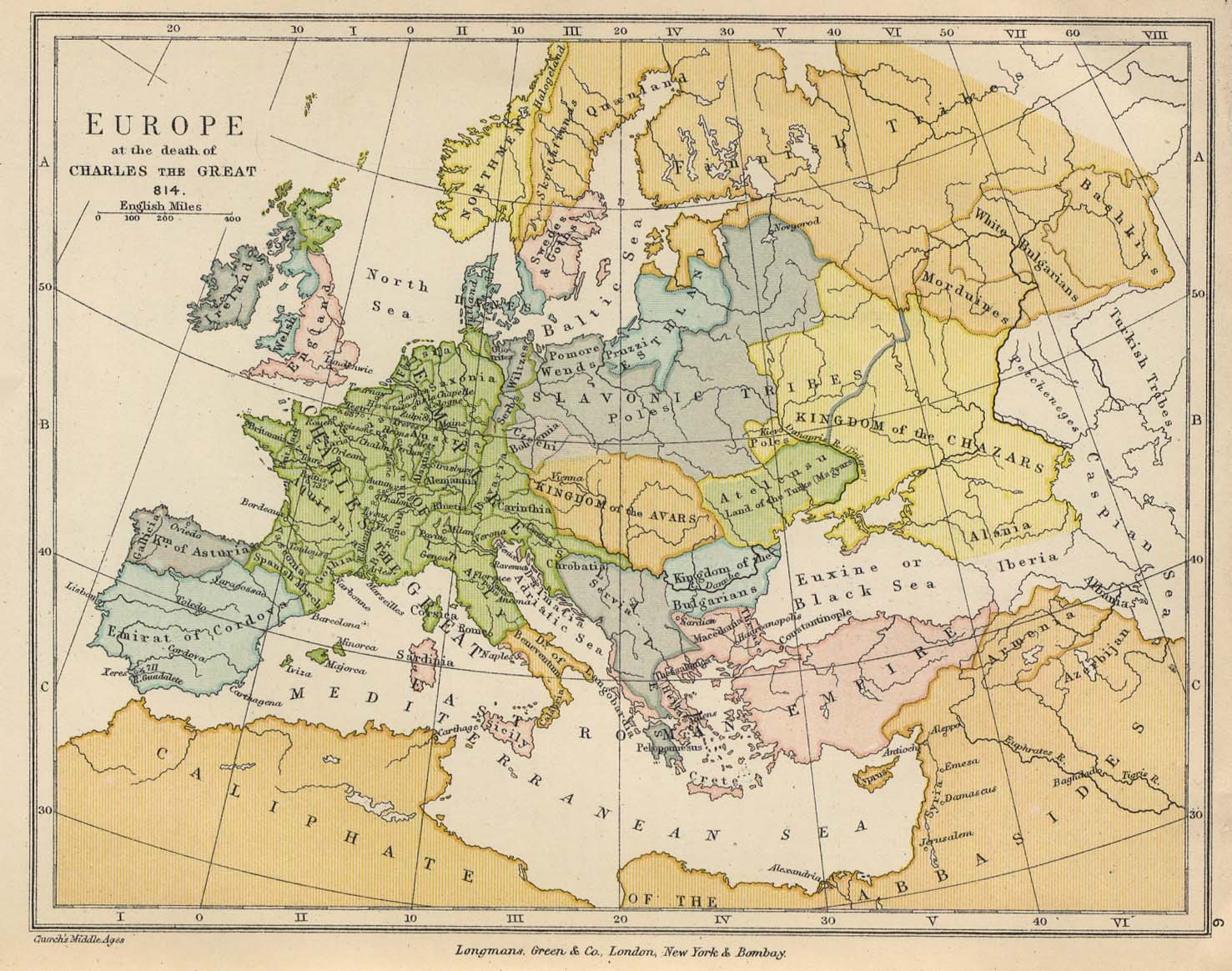 Historische kaarten Europa: Kaart Europa tijdens Karel de Grote in 814 ...