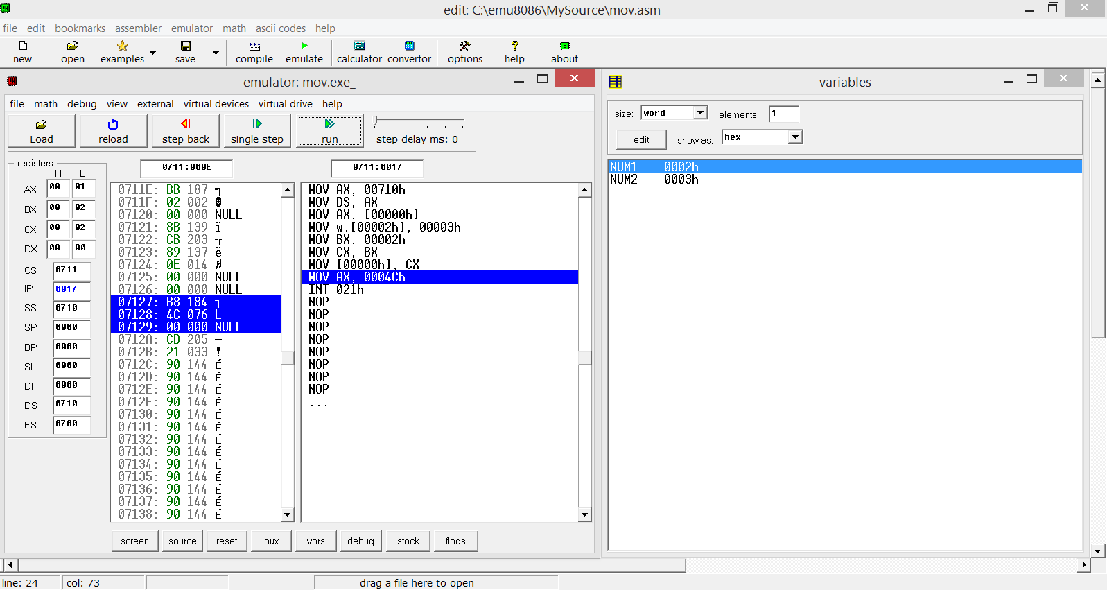 Program to mov data in Assembly Language using emu 8086