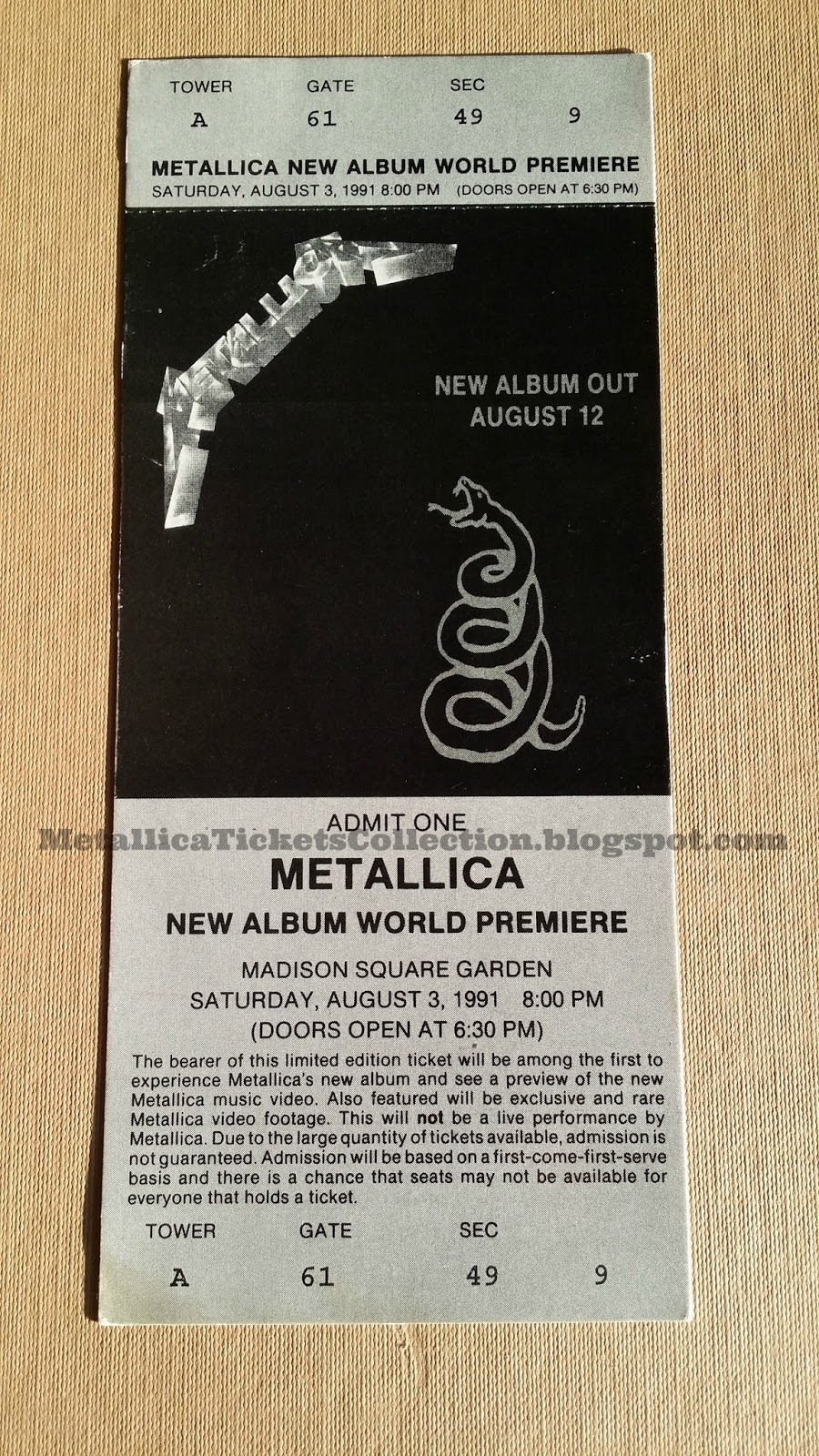 Metallica Tickets Collection: August 2016