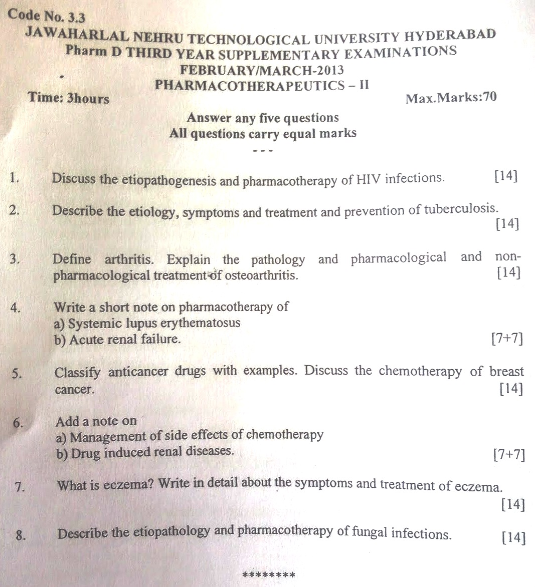 Pharm.D 3rd Year PREVIOUS QUESTION PAPERS-JNTU HYDERABAD - PHARMA WISDOM