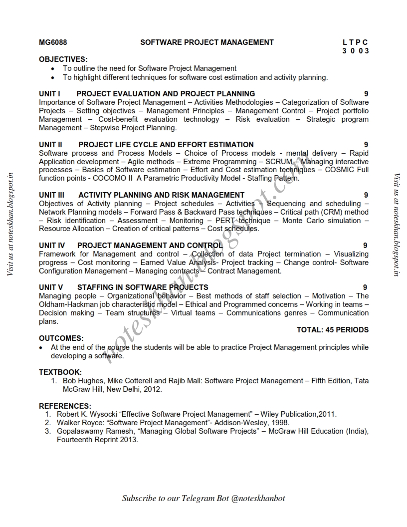 MG6088 Software Project Management Syllabus Semester VIII Elective IT ...