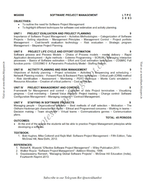 MG6088 Software Project Management Syllabus Semester VIII Elective IT ...