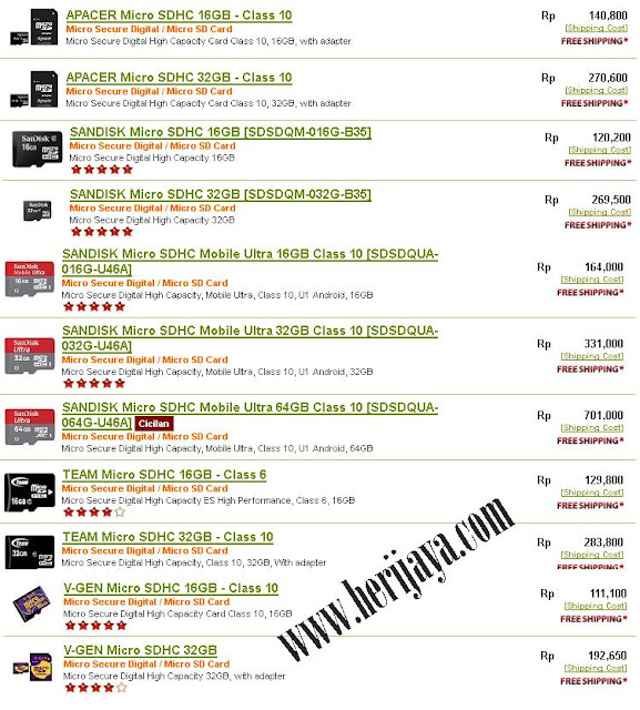 Daftar Harga & Jual Micro SD (Memory Card) 16Gb - 32Gb Class 10 - Heri Jaya