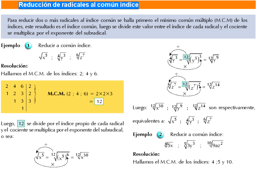 REDUCCION DE RADICALES AL COMUN INDICE EJEMPLOS Y EJERCICIOS RESUELTOS