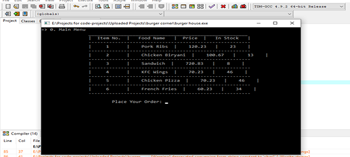 FOOD INFORMATION AND ORDER SYSTEM IN C++ WITH SOURCE CODE