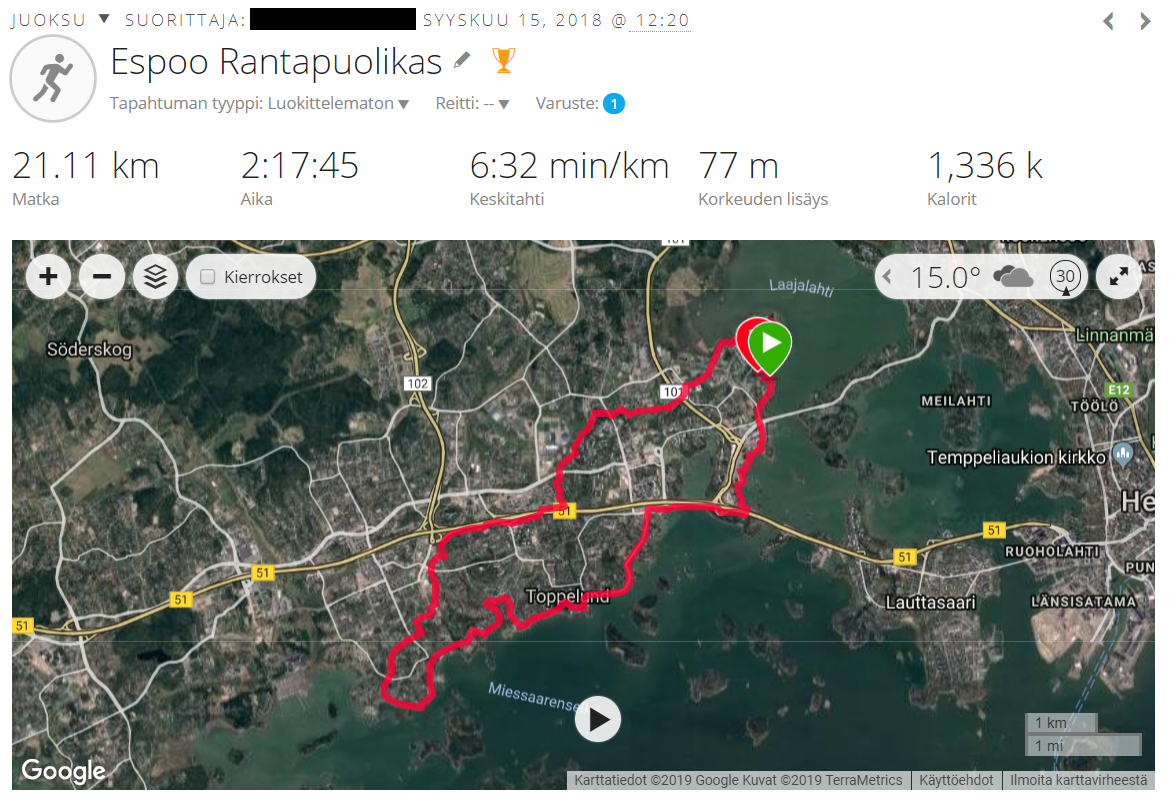 Meikä juoksee: Ensimmäinen puolimaraton: Espoo Rantamaraton 15.9.2018
