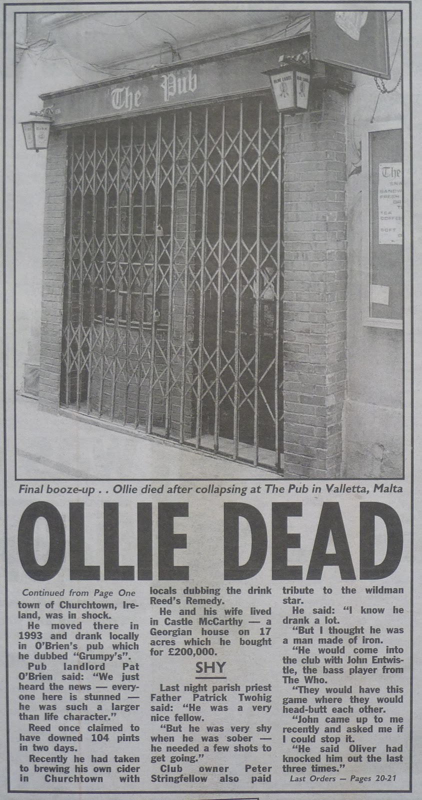 Hold The Front Page: Oliver Reed Dies in Pub