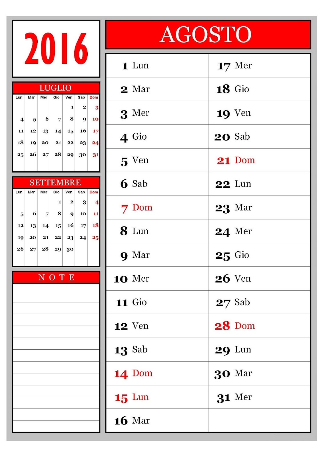 Calendario : Calendario mensile - Agosto 2016