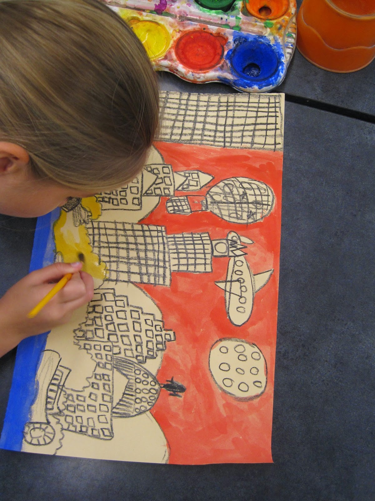 Zilker Elementary Art Class: 2nd Grade Cityscape Paintings