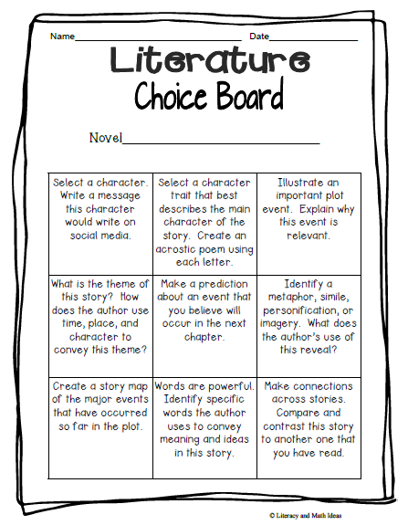 Literacy & Math Ideas: Free Literature Choice Board