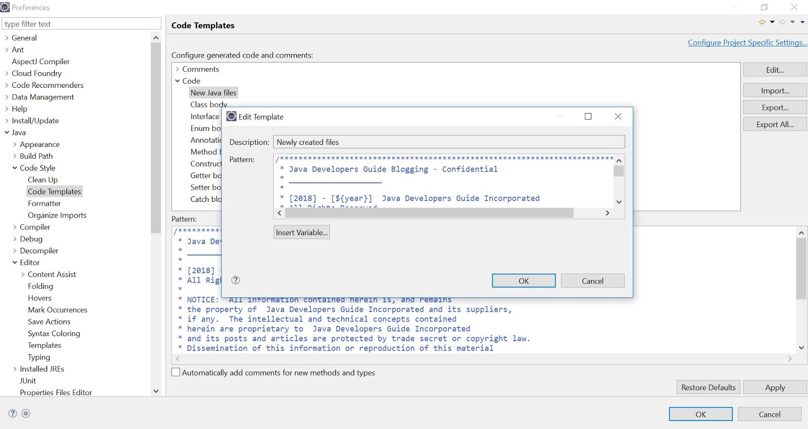 Java Developers Guide: How to add copyright to Eclipse