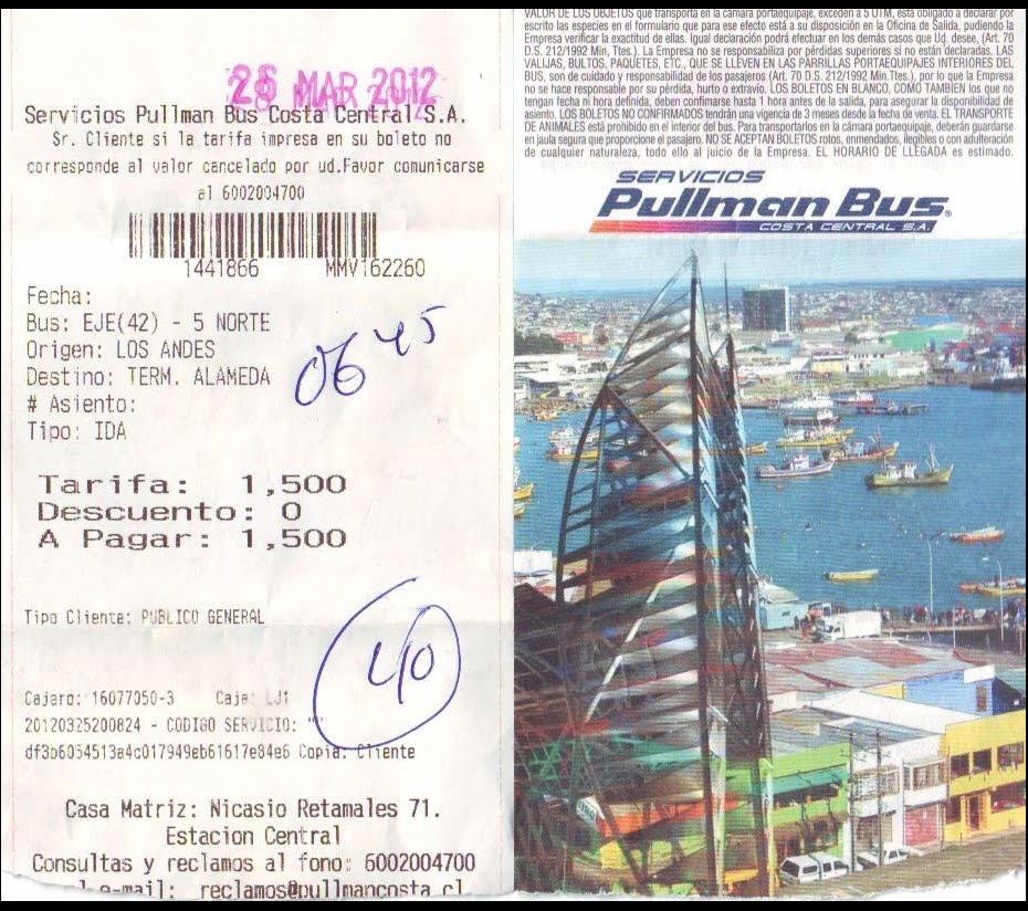 COLECCION BOLETOS DE BUSES INTERREGIONALES DE CHILE: PASAJE IMPRESO EN ...