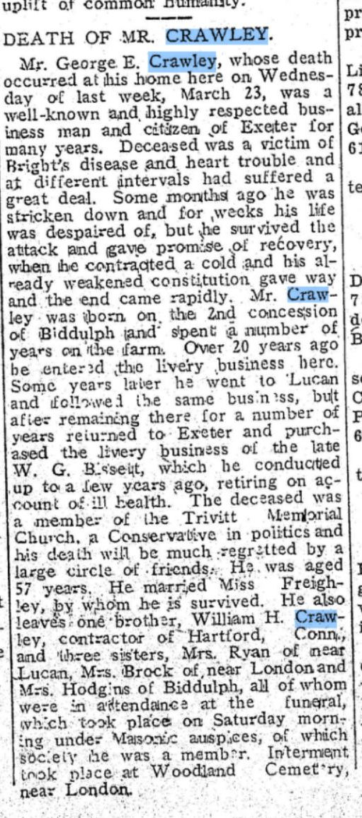 Culbert Family History: George Eli Crawley: Liveryman (1864-1921)