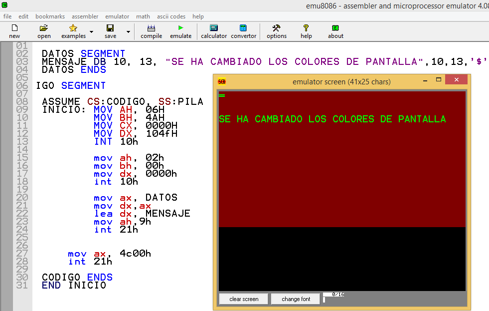 ROMEO CRUZ - I.S.C.: IMPRIMIR Y LIMPIAR (EMU 8086 / TURBO ASSEMBLER)