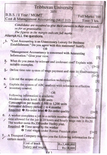 MGT212 Cost & Management Accounting TU 2014 Question Paper - University ...