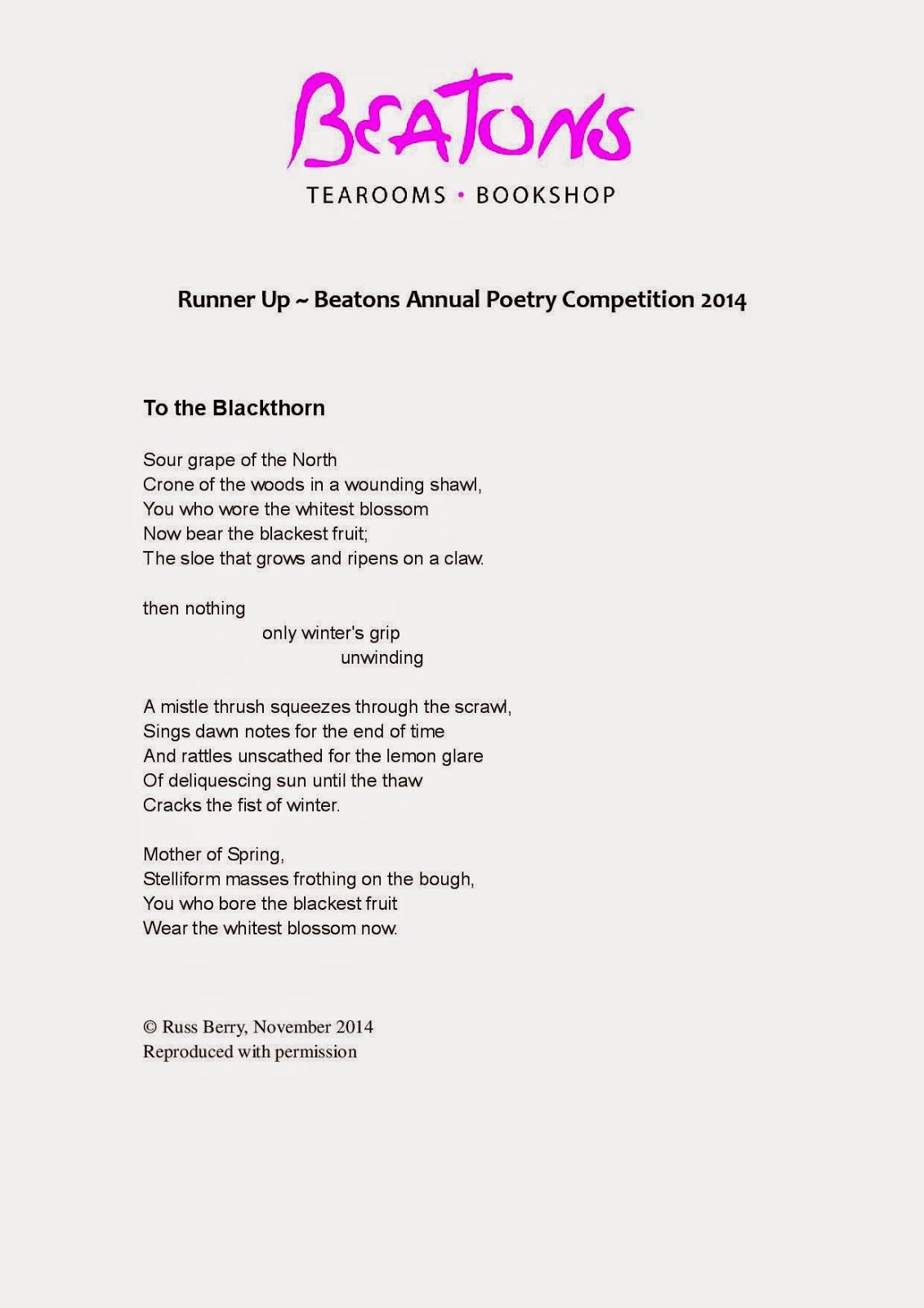 Beatons Blog : Winning Poems from Our 2014 Poetry Competition
