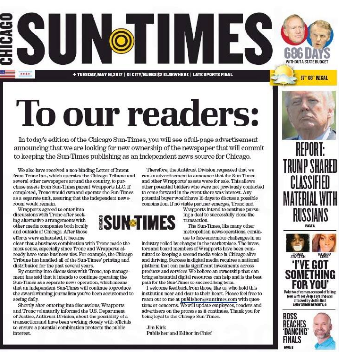 Media Confidential: Chicago Sun-Times, Tronc Heading Toward Deal