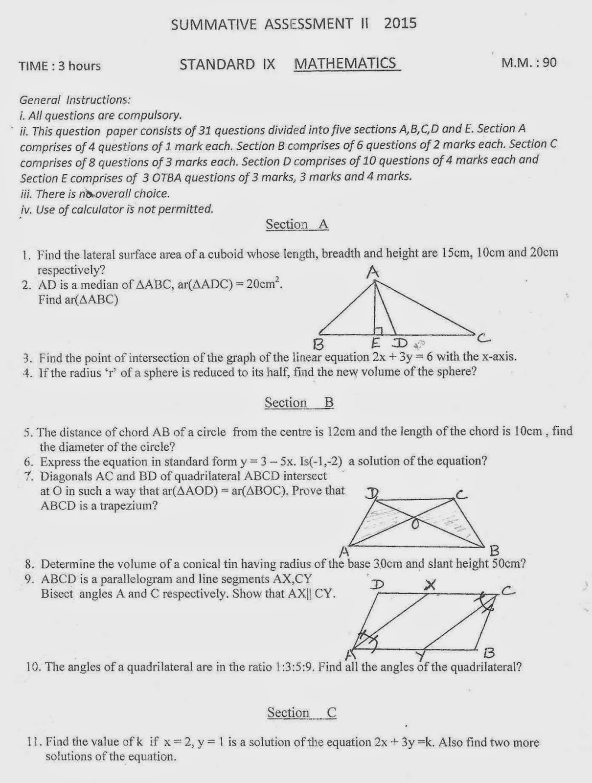 Class IX Mathematics Mater Dei Question paper SA 2 (2014 – 2015)