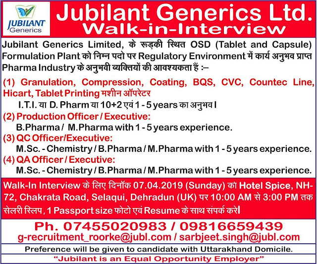 Pharma Vacancy: Walk in for Jubilant generics Roorkee at Dehradun on ...