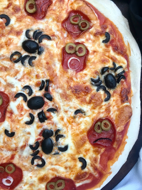 Savory Moments: Spider and monster face Halloween pizza