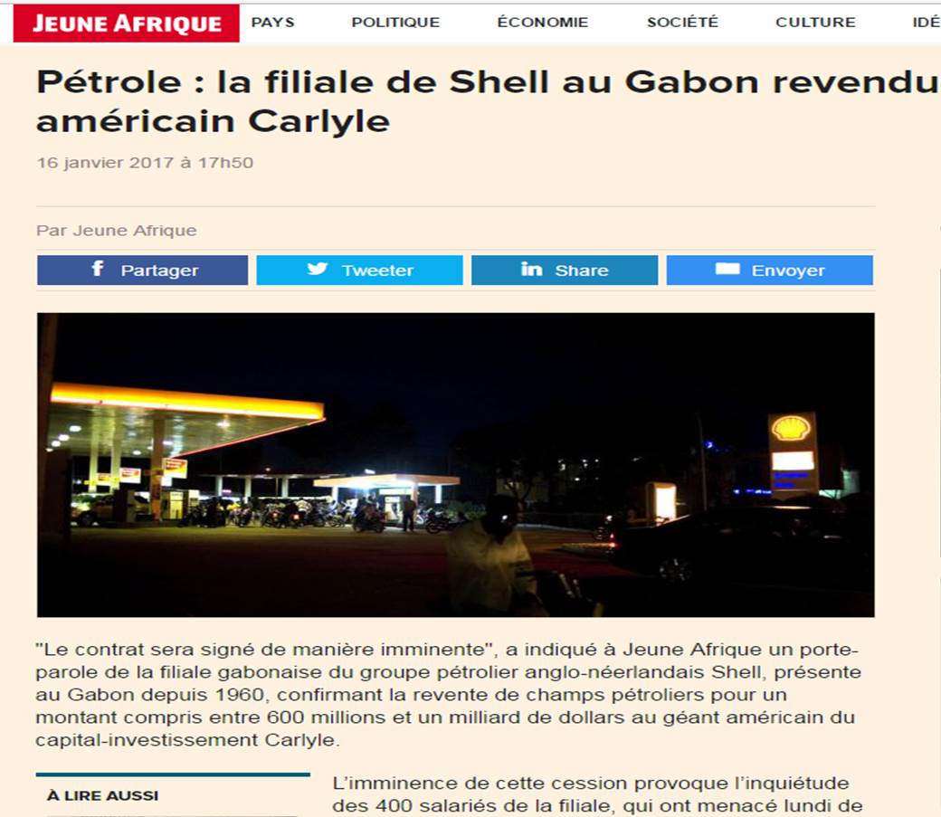 SHELL GABON HAS BEEN SOLD TO THE AMERICAN CARLYLE GROUP. SHELL GABON ...
