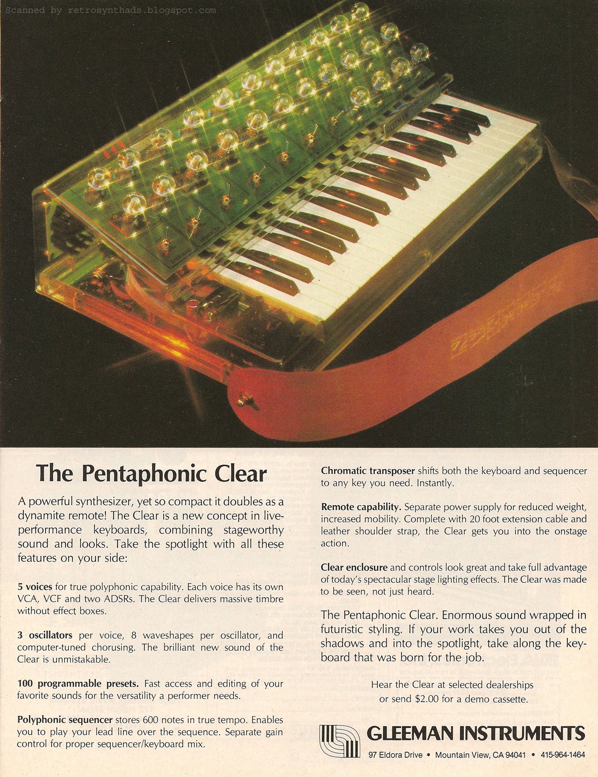 Retro Synth Ads: Gleeman Instruments "The Pentaphonic Clear", Keyboard 1983