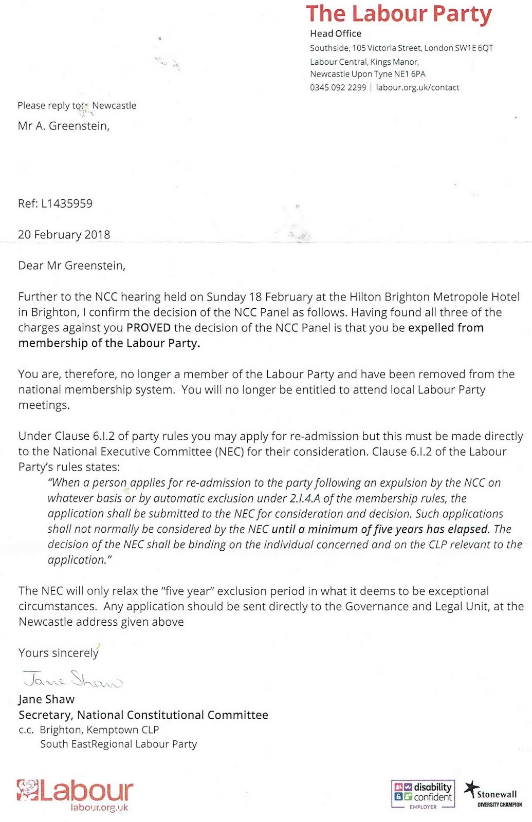 My Expulsion Letter from the Labour Party and my response - Tony Greenstein