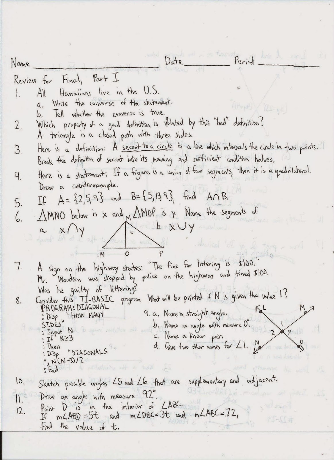 Geometry, Common Core Style: Review for Final Exam (Day 79)