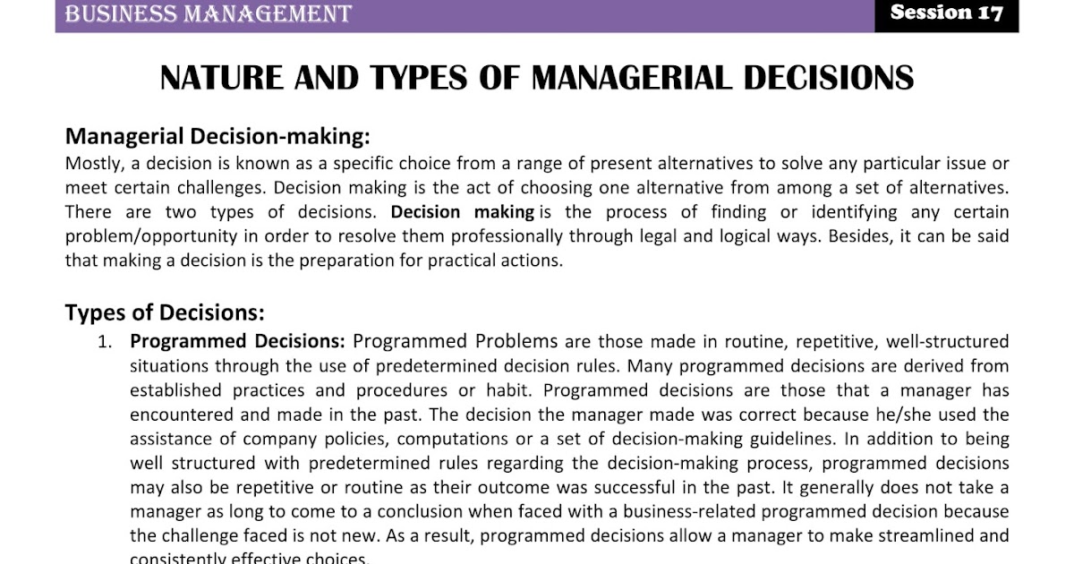 MCOM 16 PGC ATTOCK: NATURE AND TYPES OF MANAGERIAL DECISIONS
