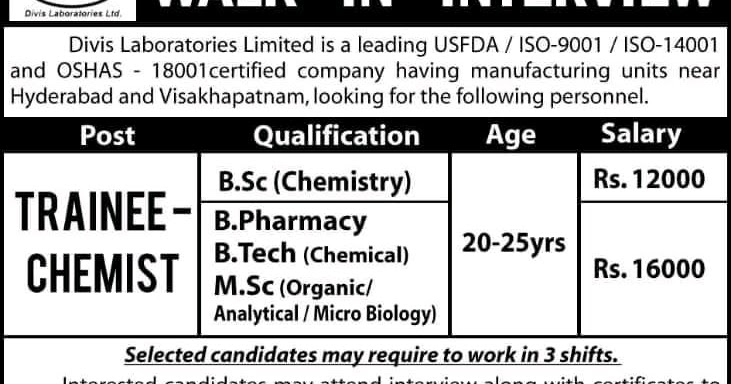 Divis Labs | Walk-in for Freshers | 28th Feb - 5th March 2019 | Hyderabad