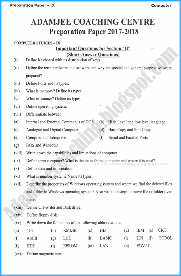 Adamjee Coaching: Computer Science 9th - Adamjee Coaching Guess Paper 2018