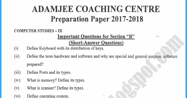 Adamjee Coaching: Computer Science 9th - Adamjee Coaching Guess Paper 2018