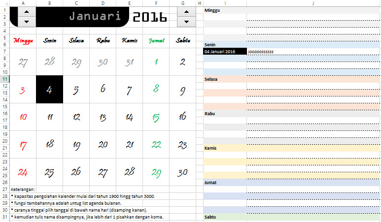 PANDUAN OPS: KALENDER AGENDA BULANAN EXCEL