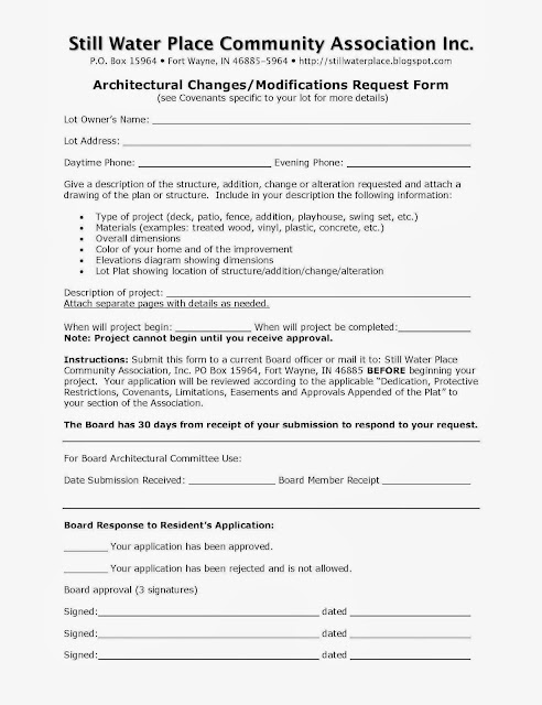 Still Water Place Community Association, Inc.: Architectural Request Form